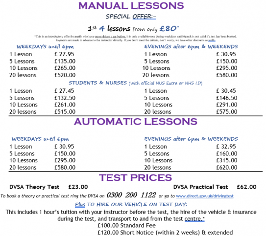 Prices - Driving lessons and instructor training